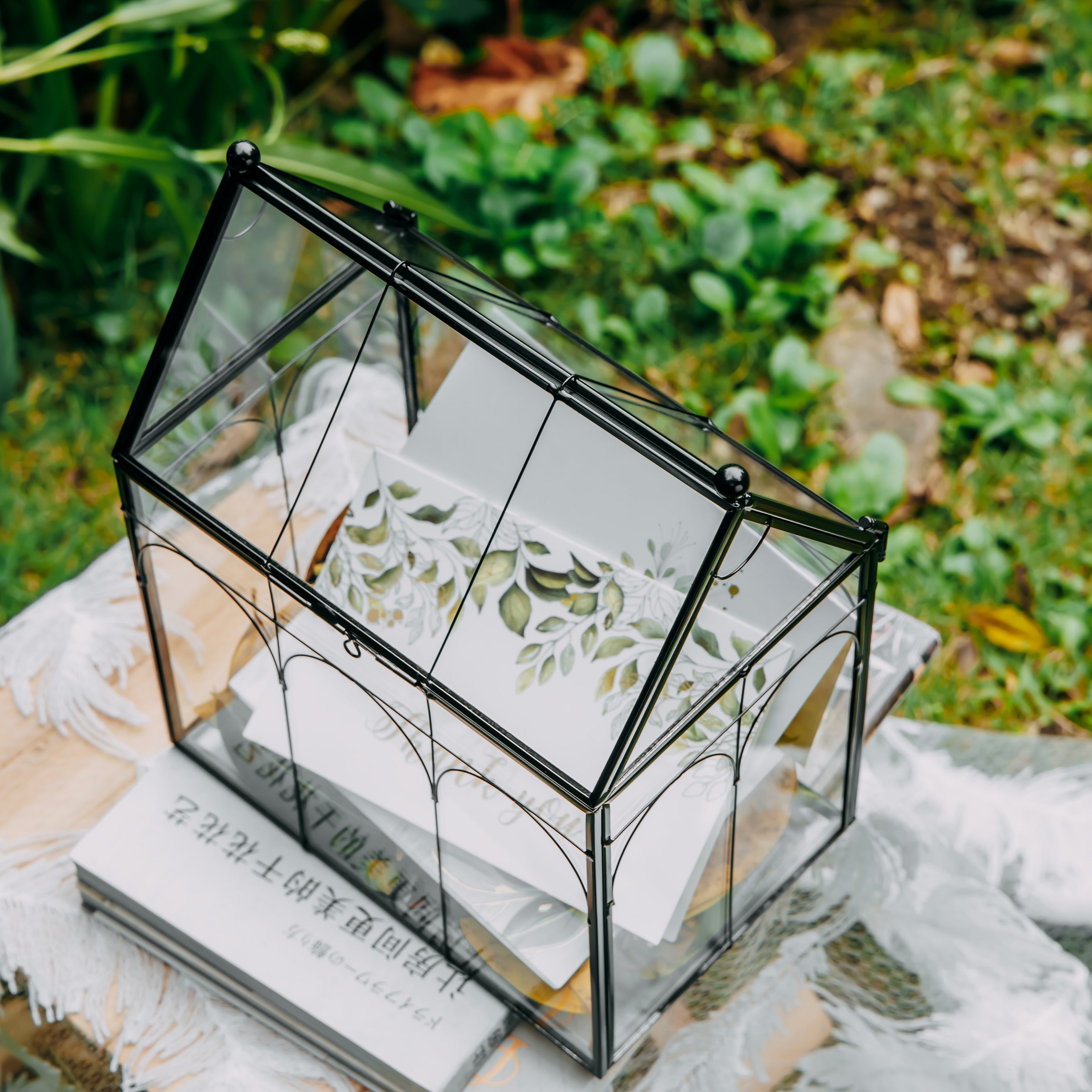Vintage House Glass Geometric Terrarium Card Box Black — NCYPgarden