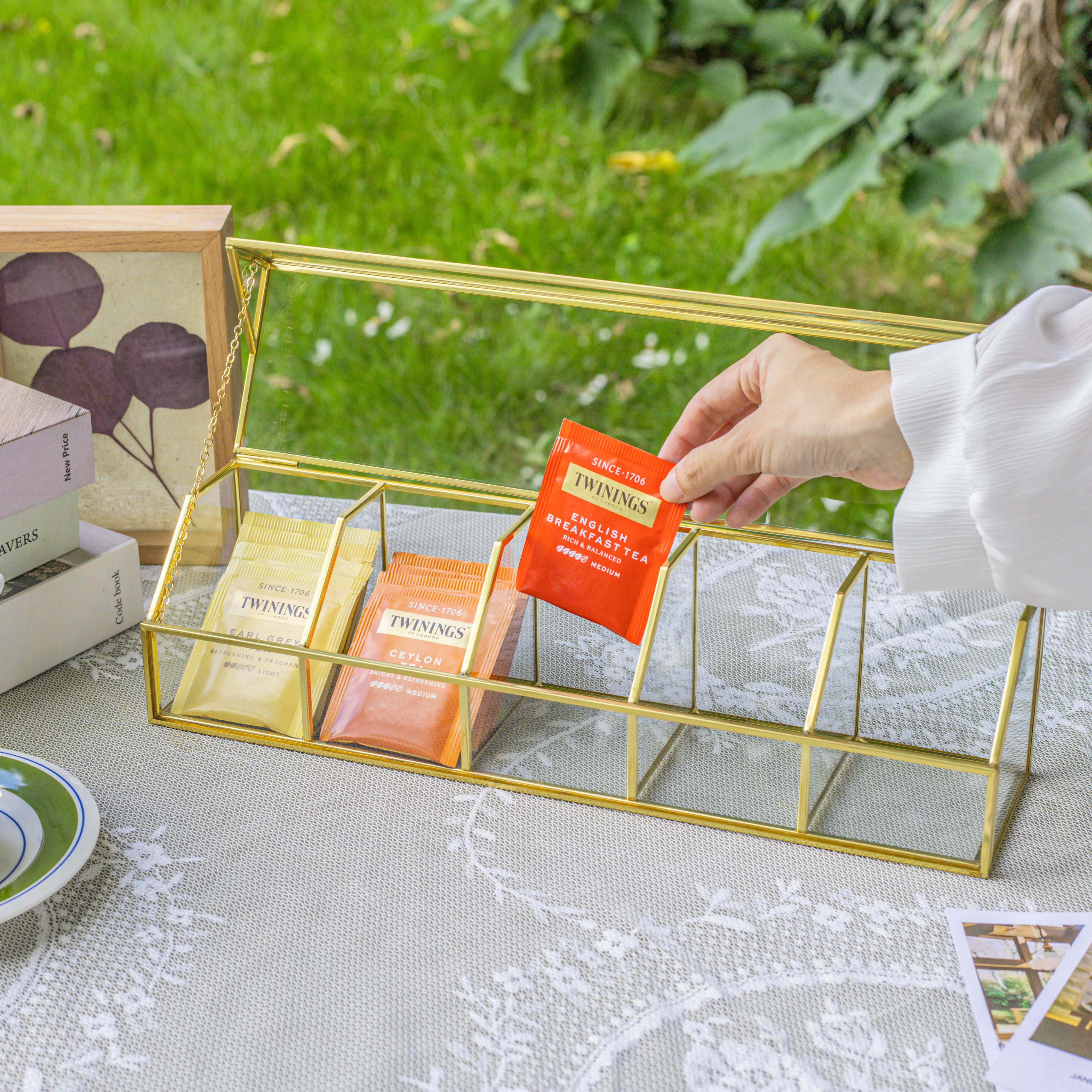 Glass Gold Tea Bag Box, 5 Compartments and Lid Storage Box, Tea Lovers ...