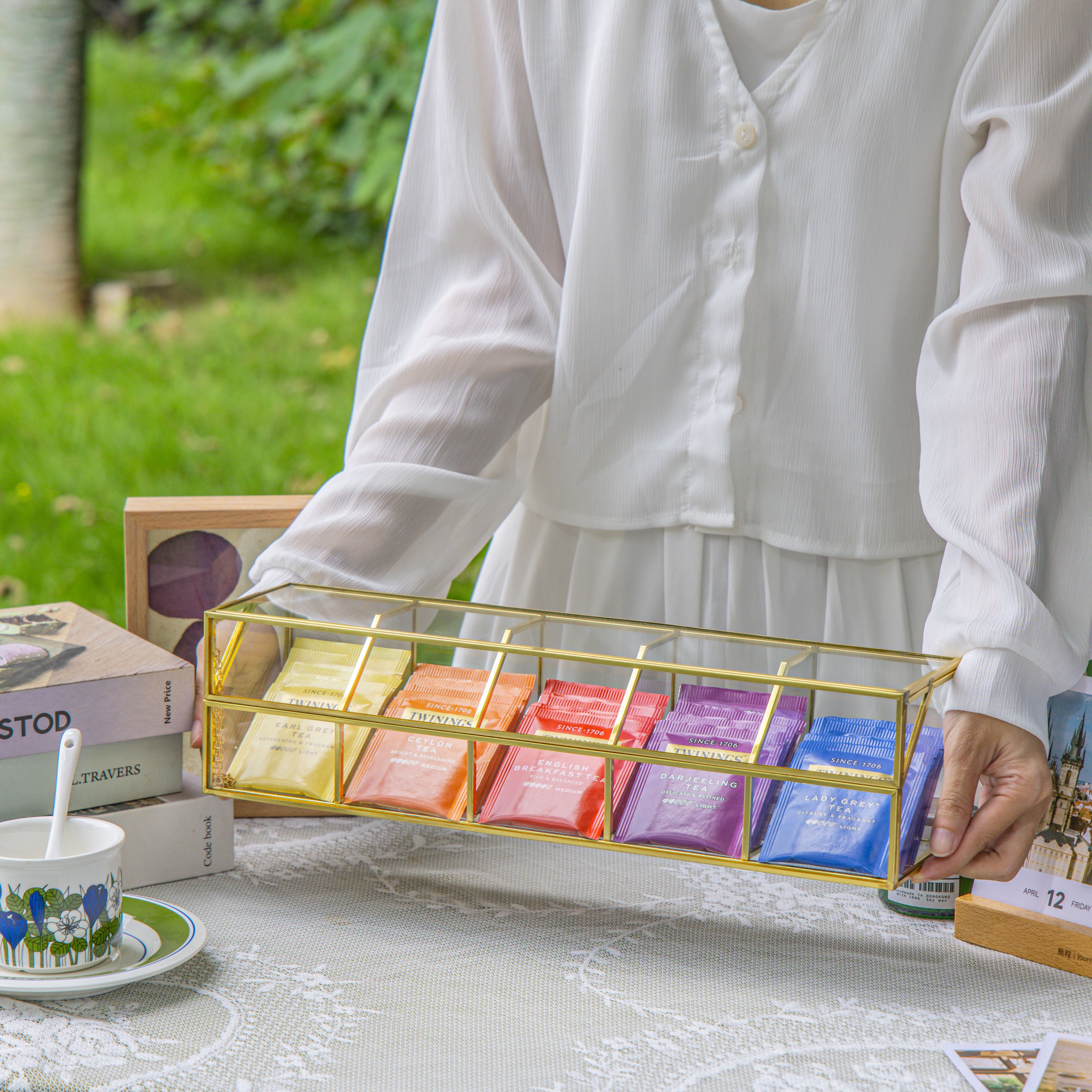 Glass Gold Tea Bag Box, 5 Compartments and Lid Storage Box, Tea Lovers ...