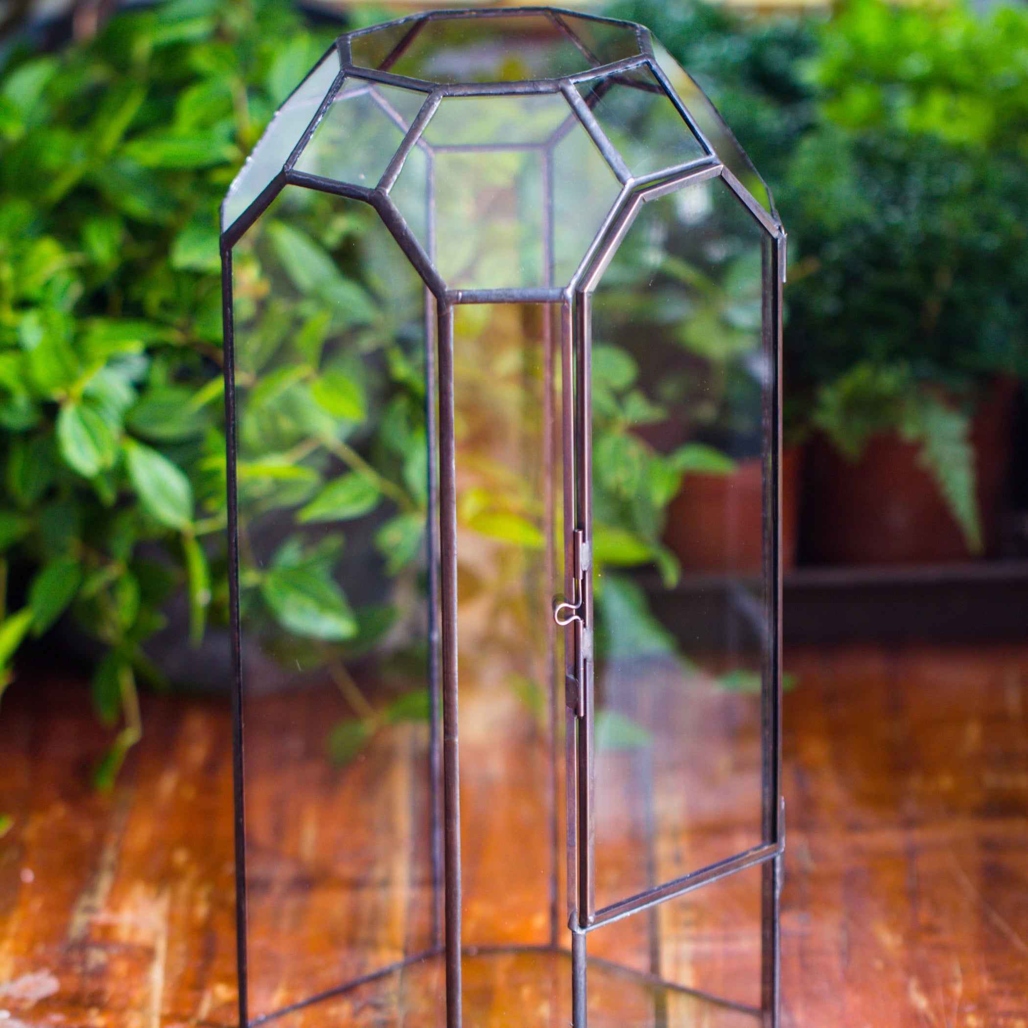 Vintage Tall Octagon Geometric Tin Glass Terrarium , 12.6" , open, sui ...