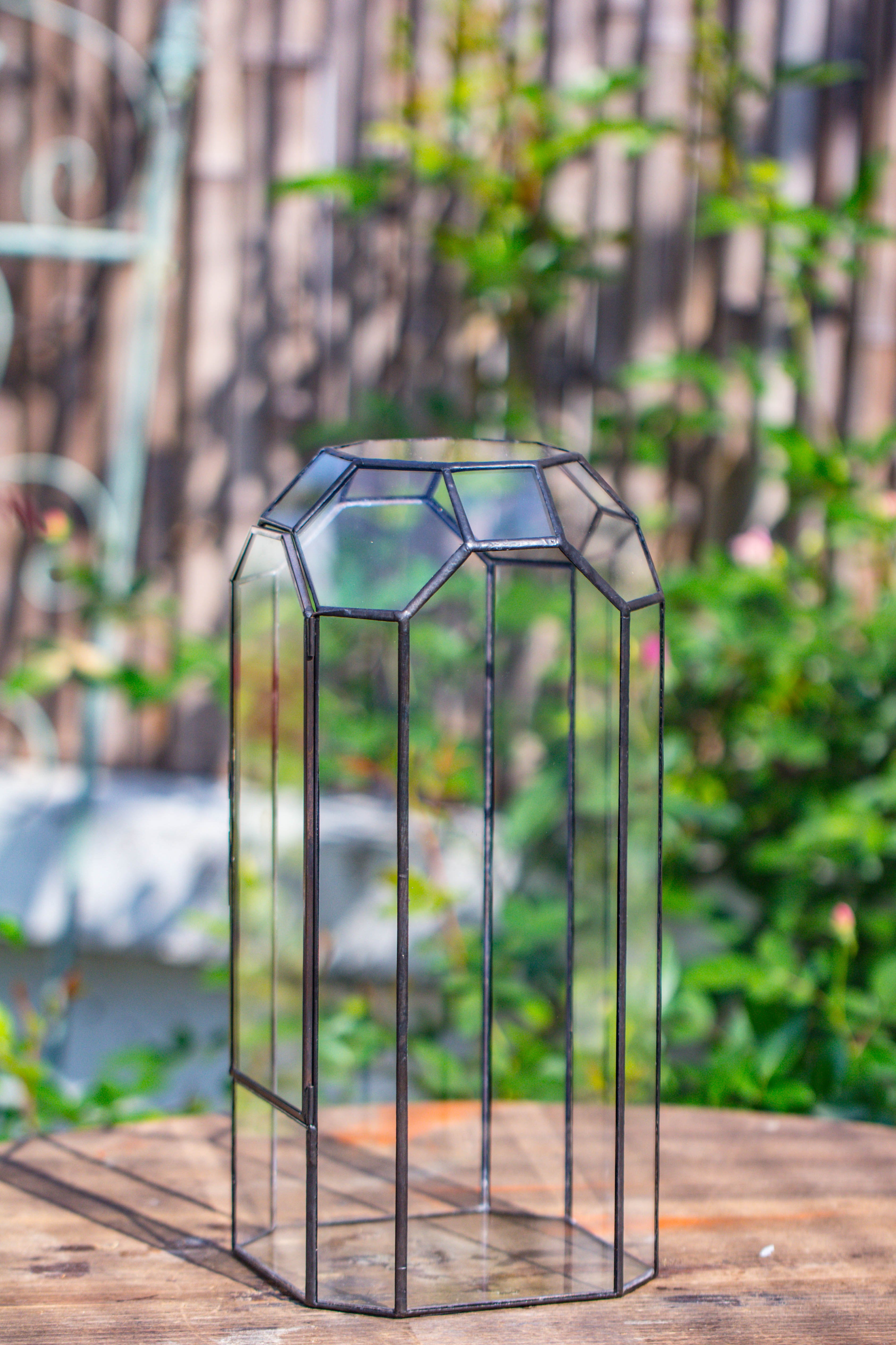 Vintage Tall Octagon Geometric Tin Glass Terrarium , 12.6" , close, su ...