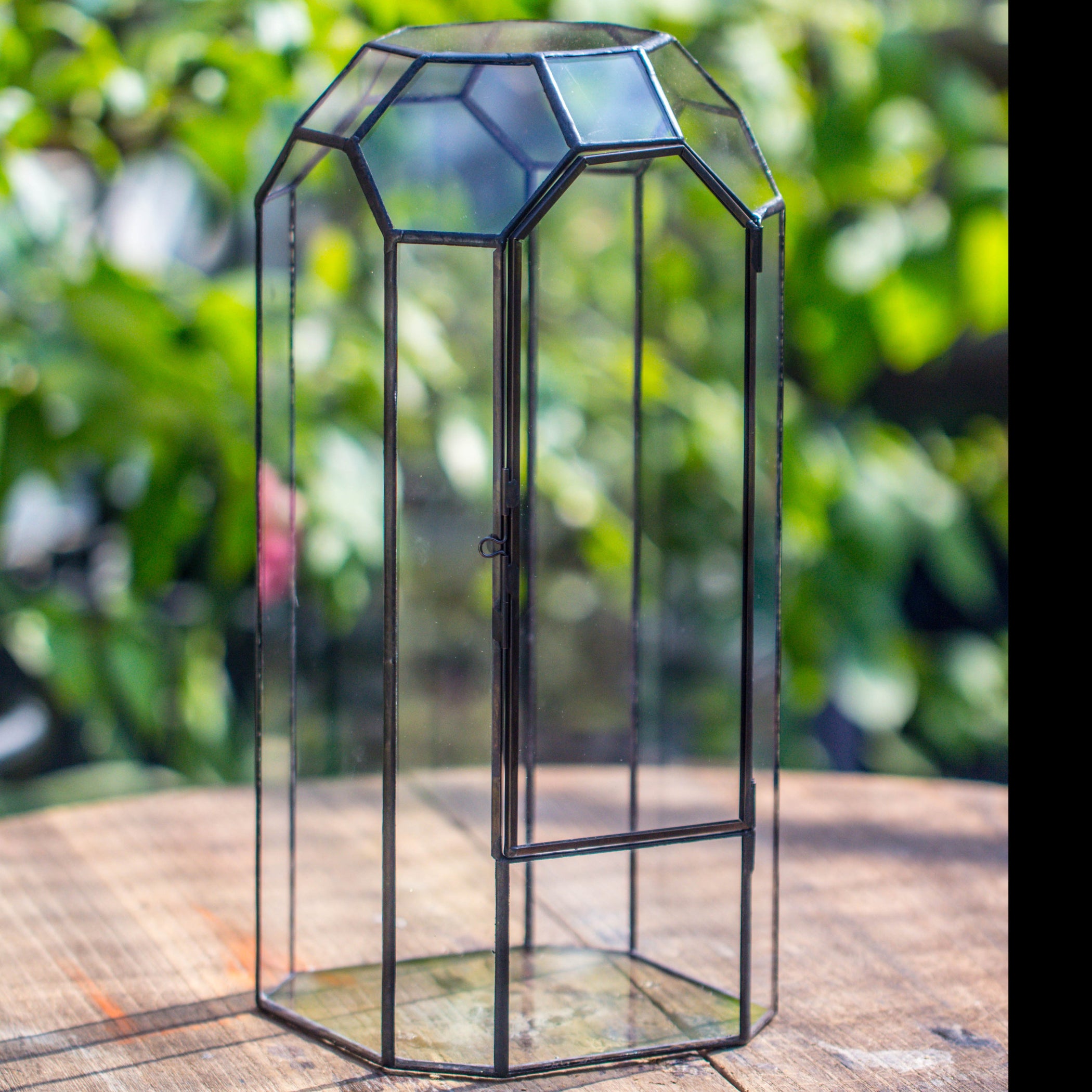 Vintage Tall Octagon Geometric Tin Glass Terrarium , 12.6" , close, su ...