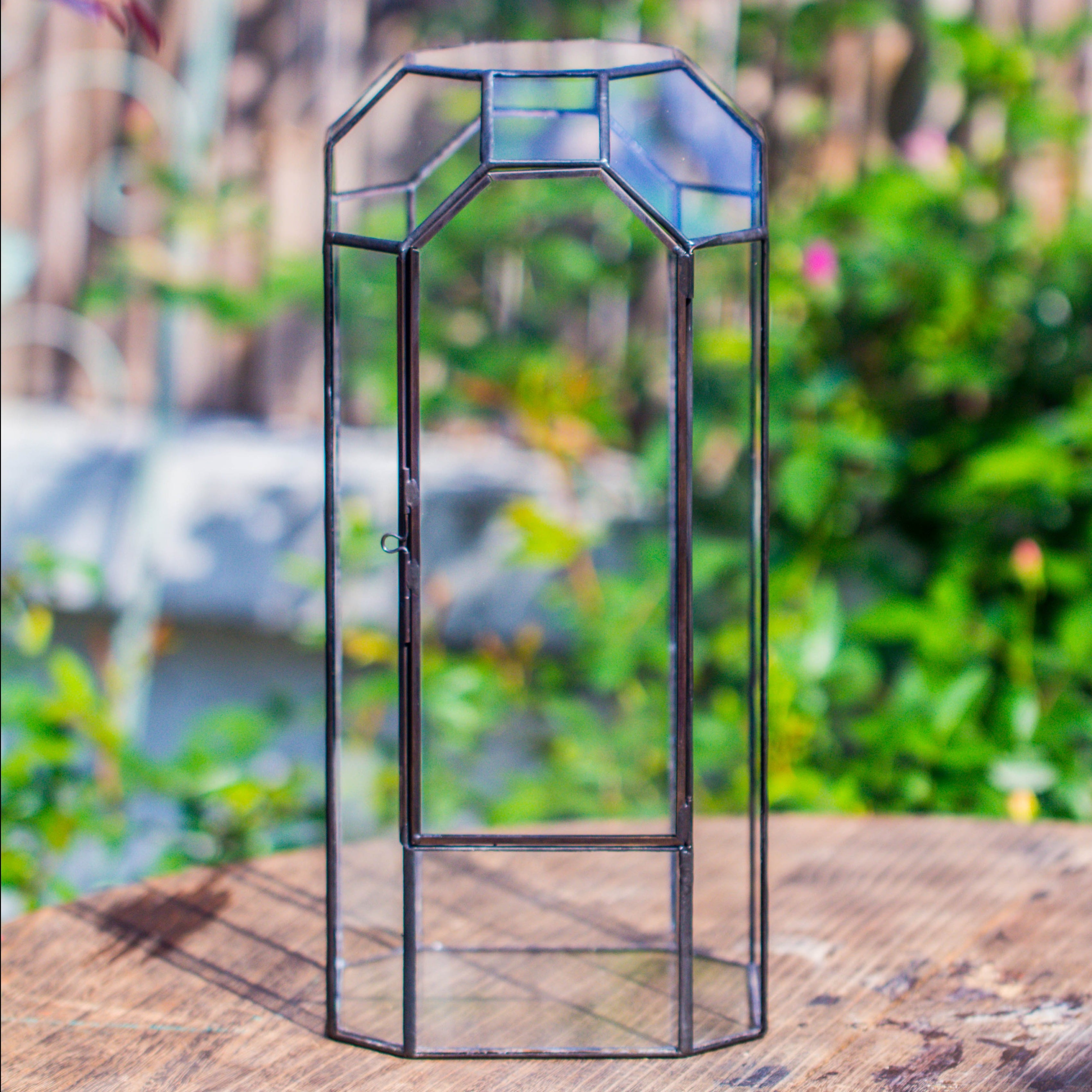 Vintage Tall Octagon Geometric Tin Glass Terrarium , 12.6" , close, su ...