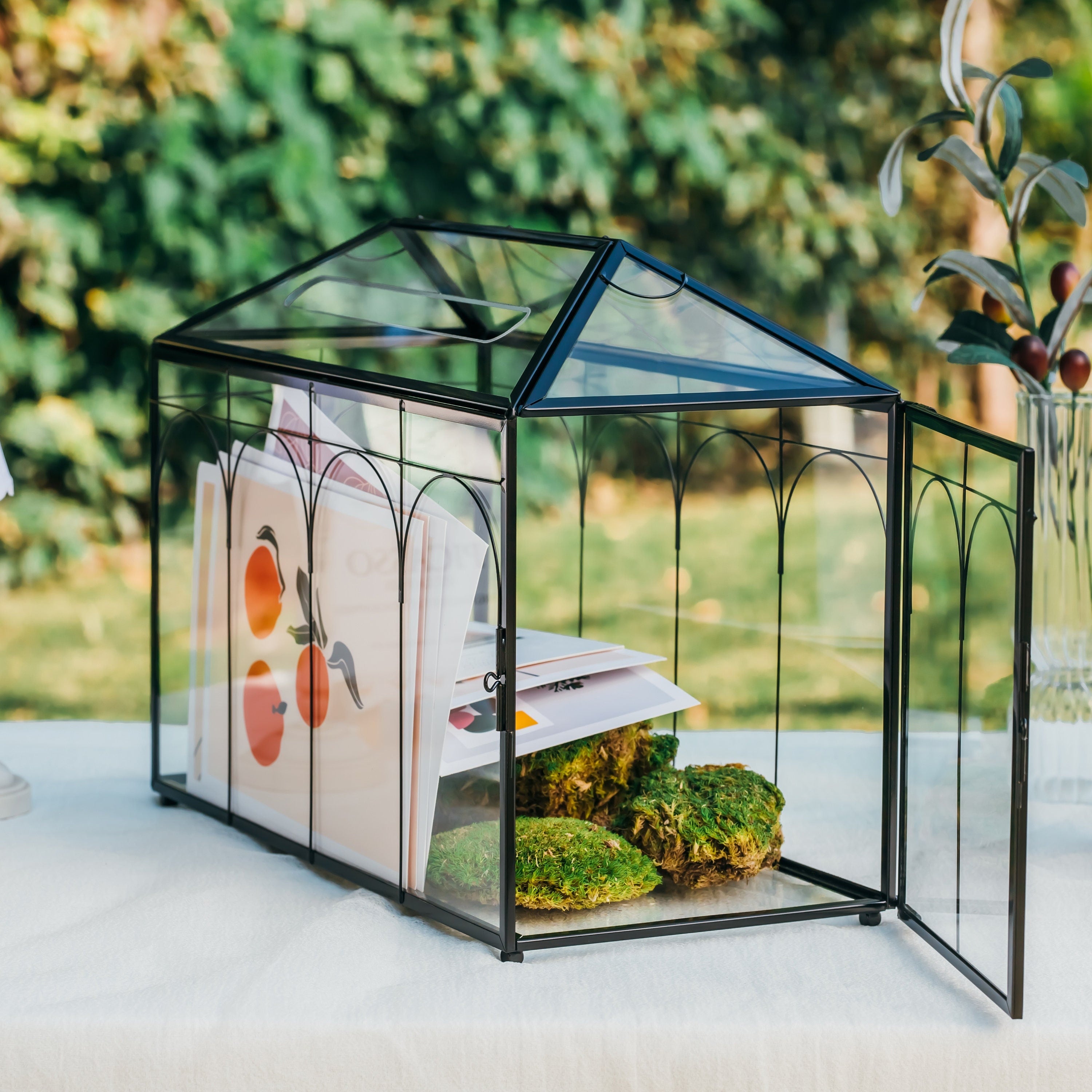 Vintage Black Large Geometric Glass Card Box Terrarium with Slot, Hear ...