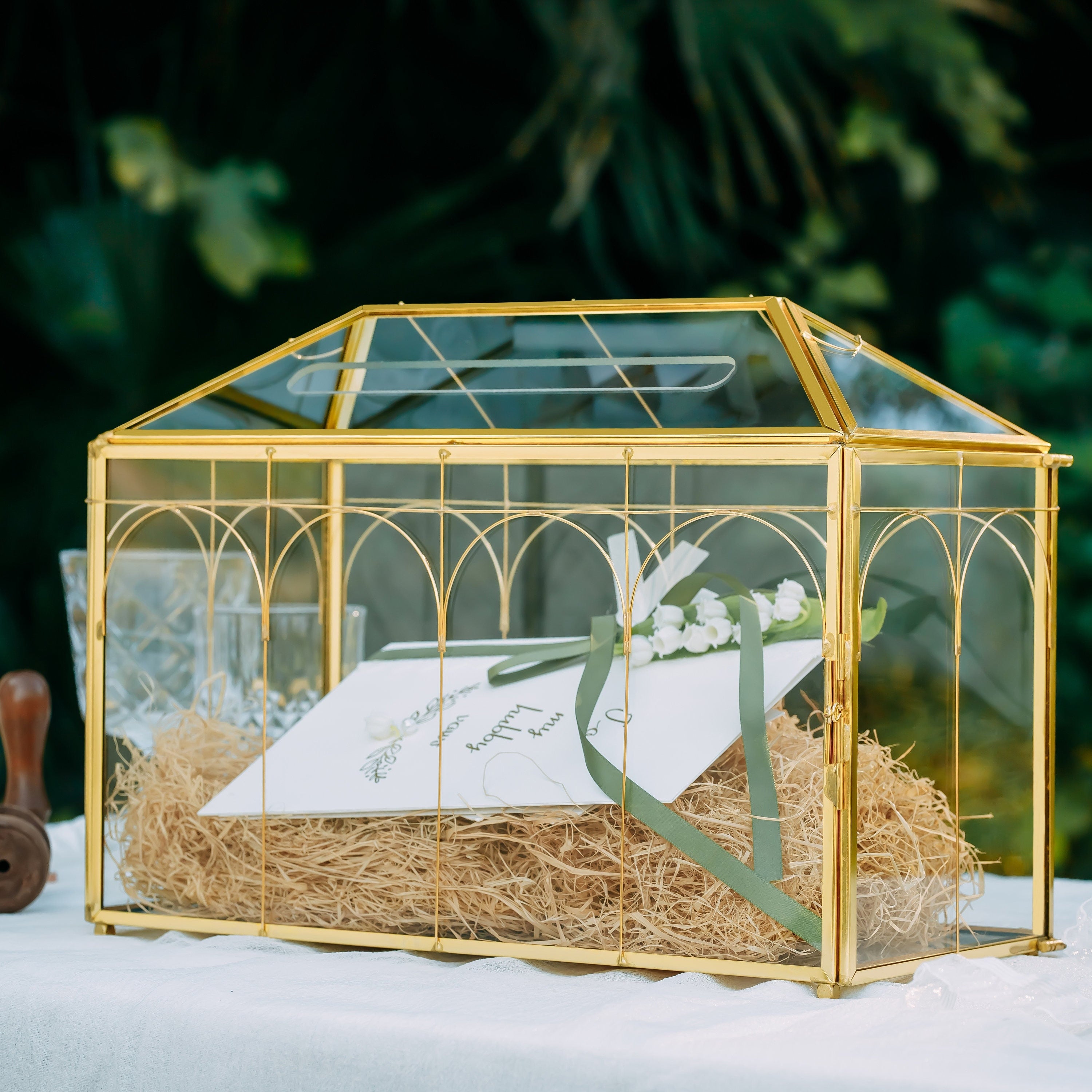Vintage Gold Large Geometric Glass Card Box Terrarium with Slot, Heart ...